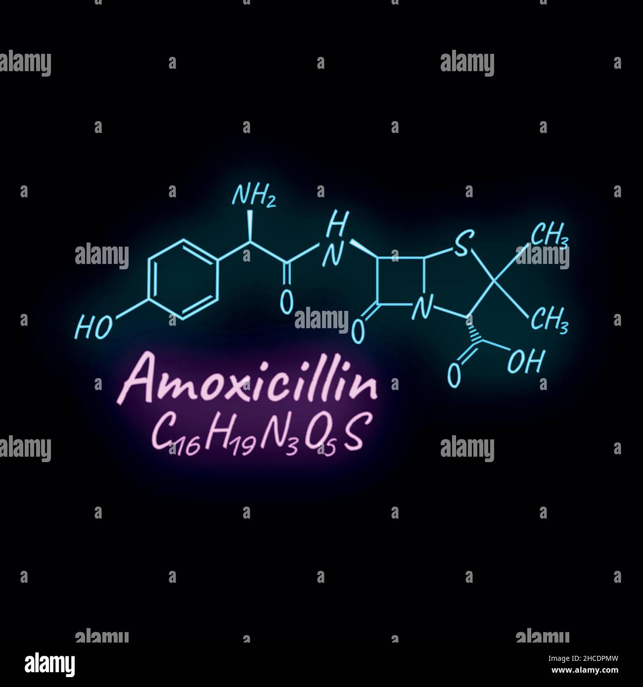 Amoxicillin antibiotic chemical formula and composition, concept ...
