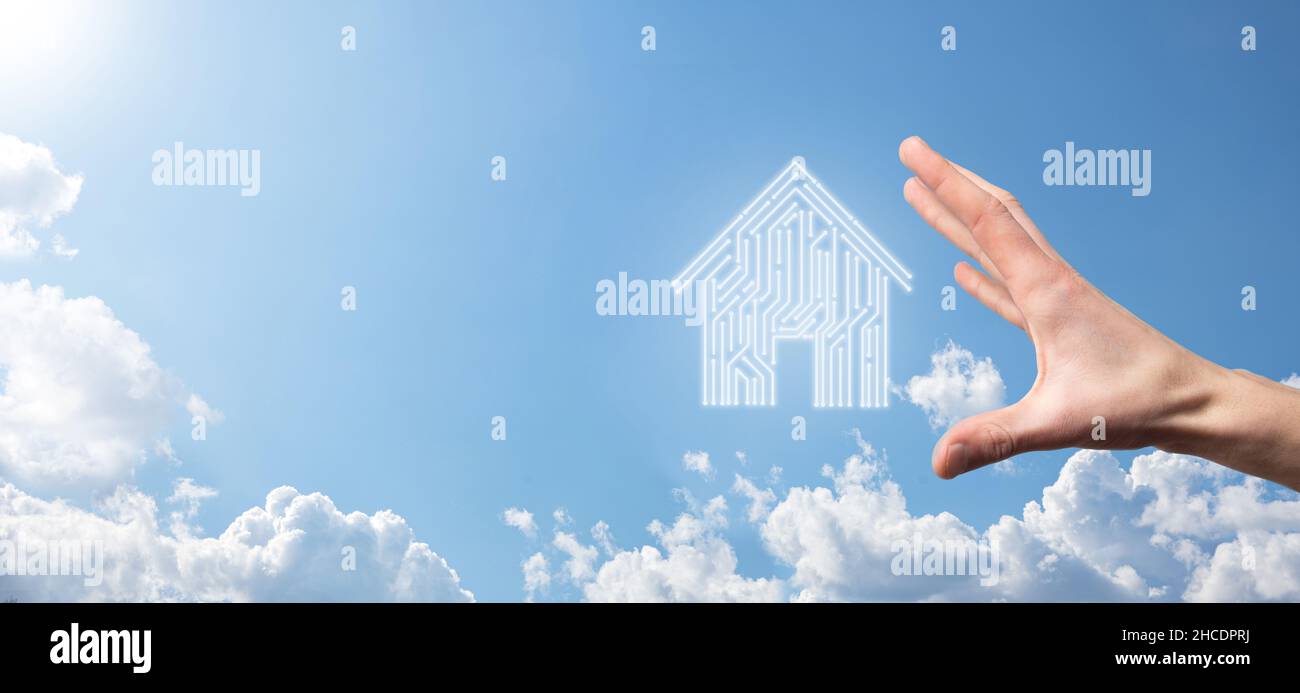 Hand hold house icon.Smart home controlled, intelligent house, and home ...