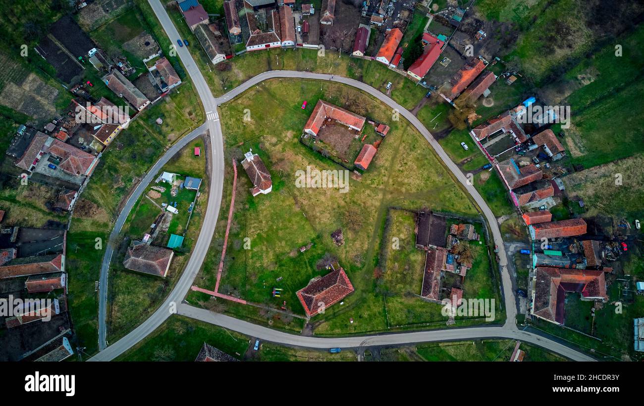 Aerial view of Charlottenburg, the only circular village in Romania ...