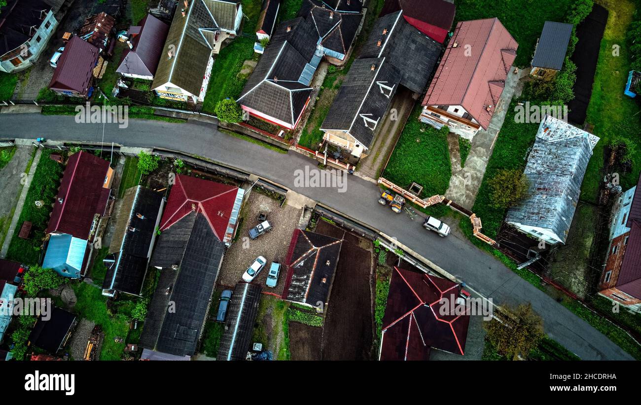 Drone view of a street in the rustic Sapanta village. Photo taken on ...