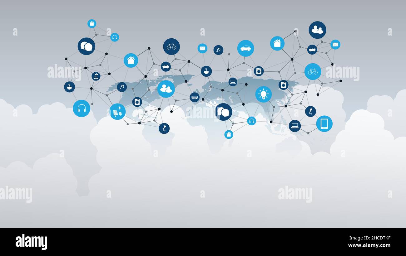 Internet of Things, Cloud Computing Design Concept with World Map, Clouds and Icons - Digital ...