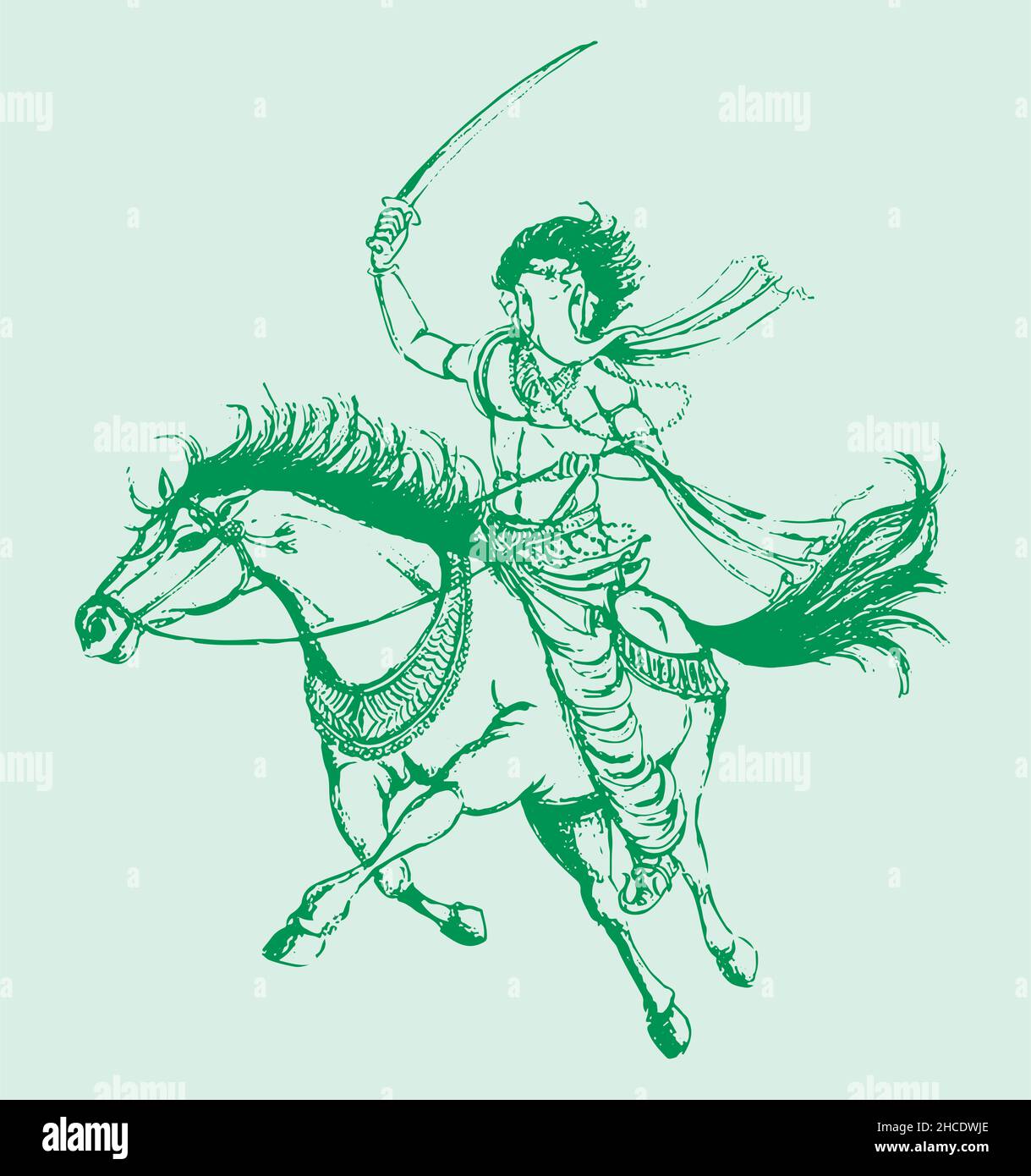 An outline illustration of god Lord Shiva silhouette on a bright green ...