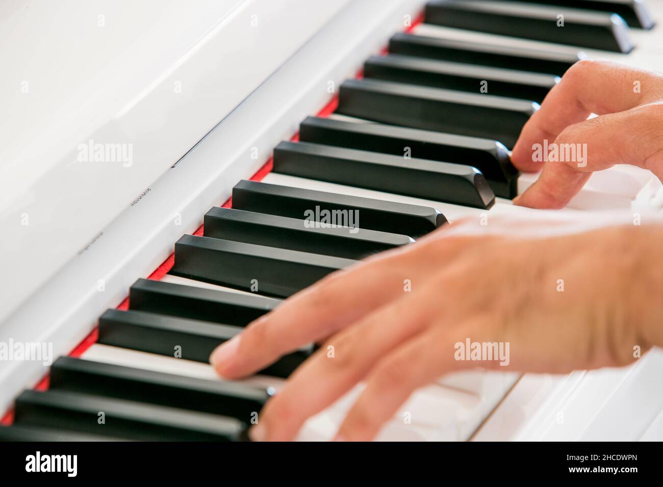 fingers and hands of a woman playing a white piano Stock Photo - Alamy