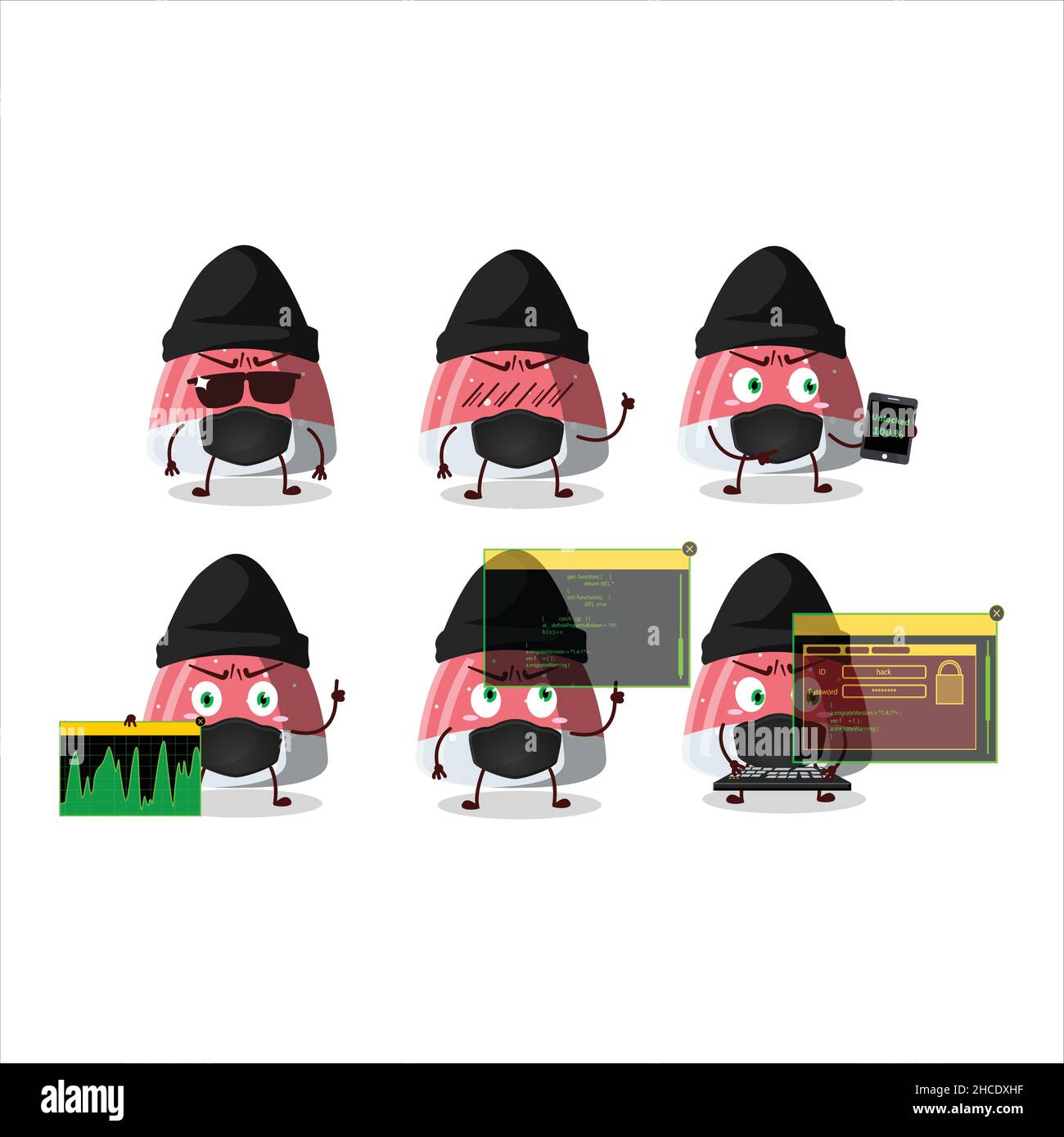 A Hacker pufflettes gummy candy character mascot with. Vector ...