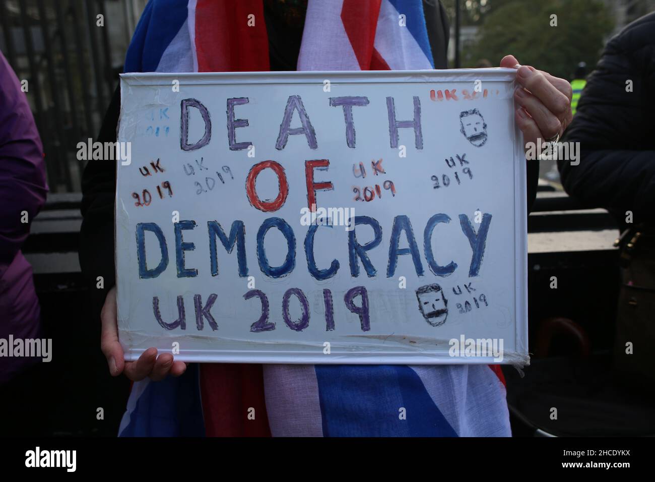 A Death of Democracy placard during a Leave means Leave demonstration ...