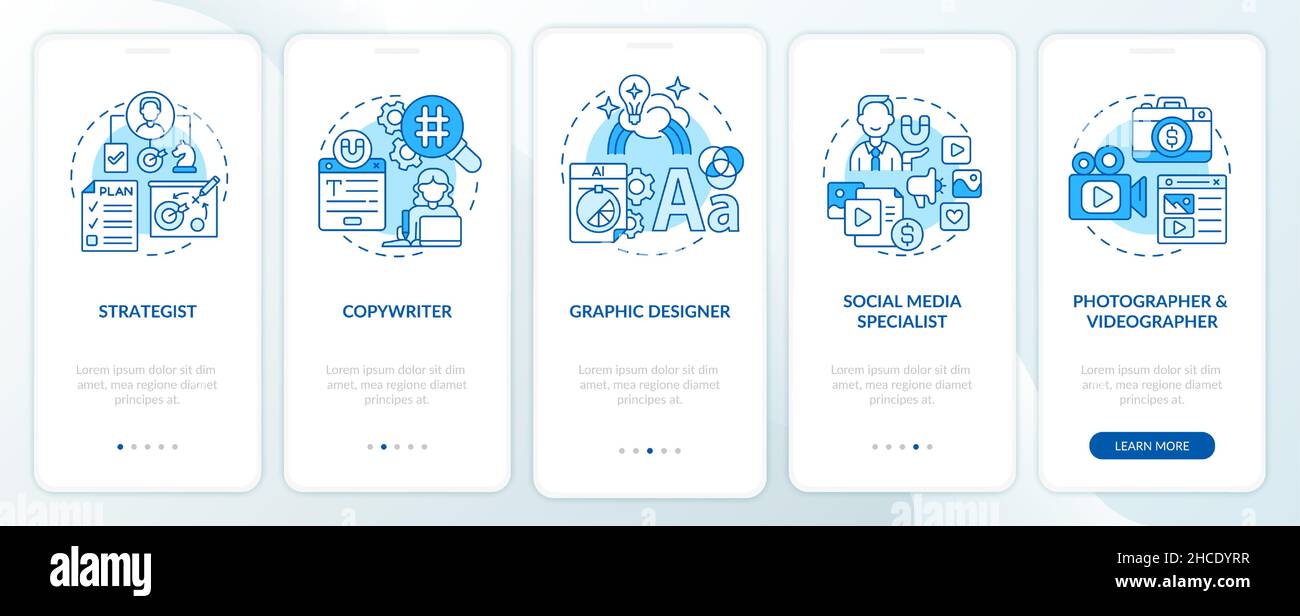 Digital marketing professions blue onboarding mobile app screen Stock ...