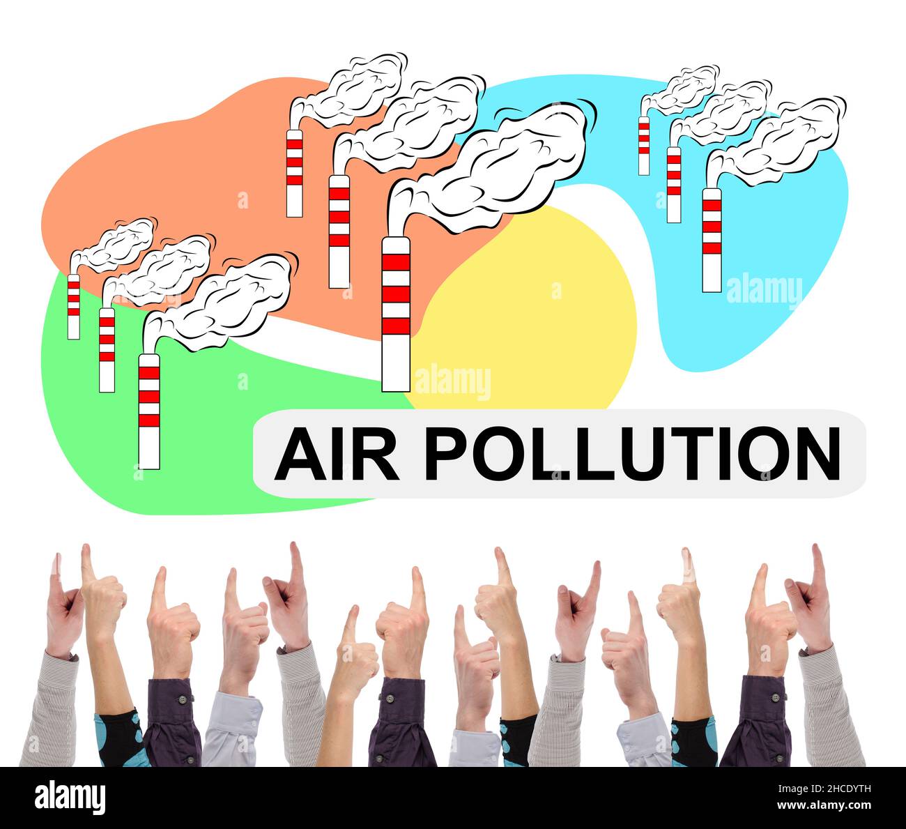 Air pollution concept on white background pointed by several fingers ...