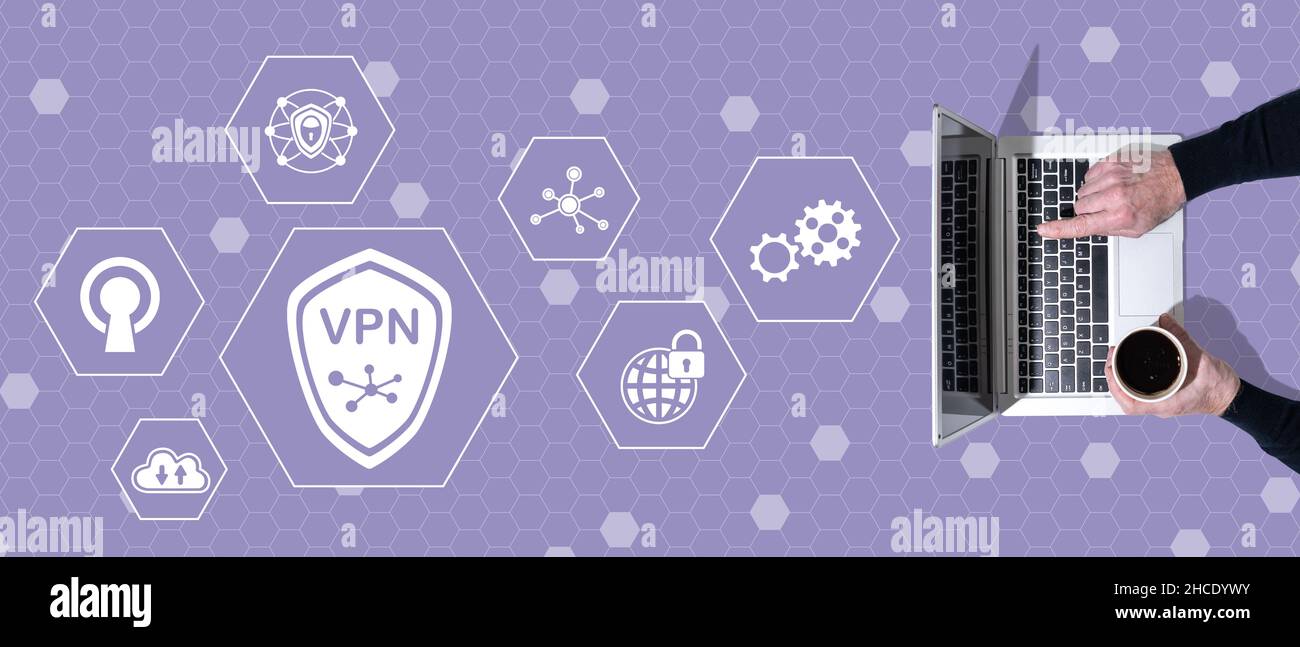 Top view of hands using laptop with symbol of vpn concept Stock Photo ...
