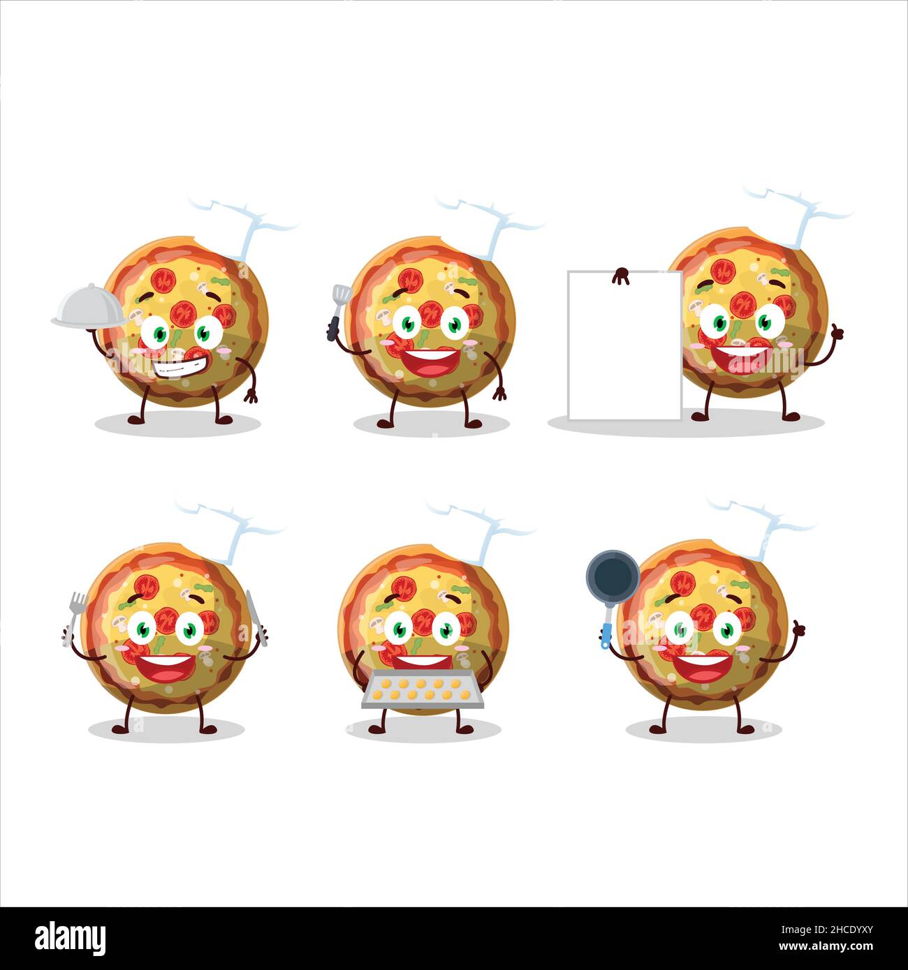 Cartoon character of pizza gummy candy with various chef emoticons ...