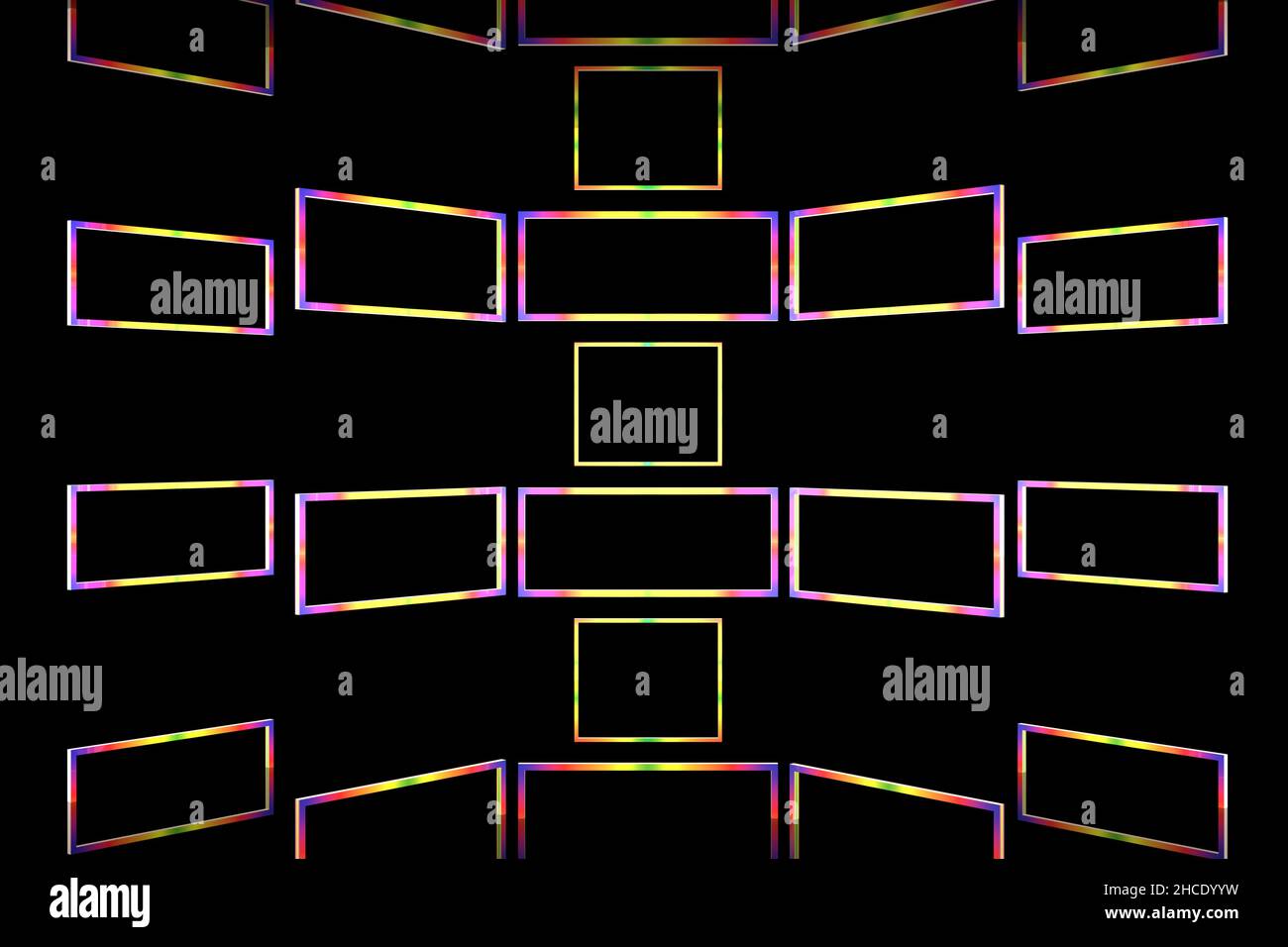 The Colored neon screen on a black background. Yellow-pink neon frames ...