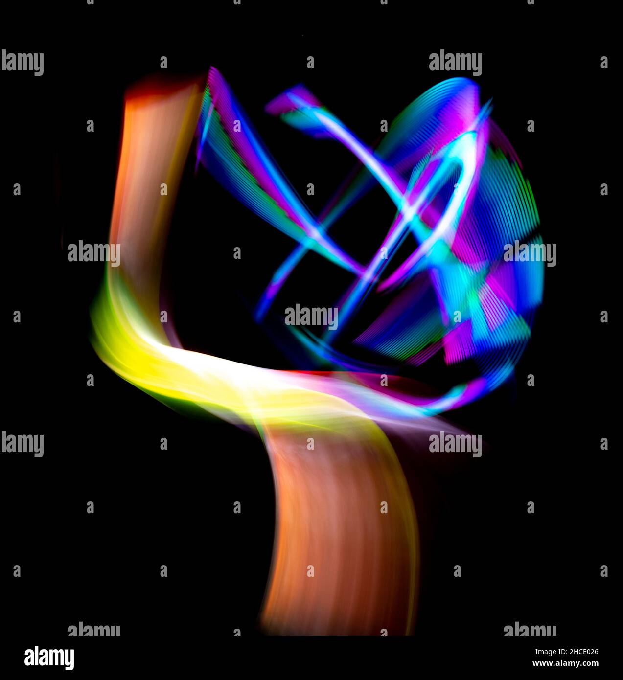 3D illustration or 3D rendering. Abstract shapes of light on black ...