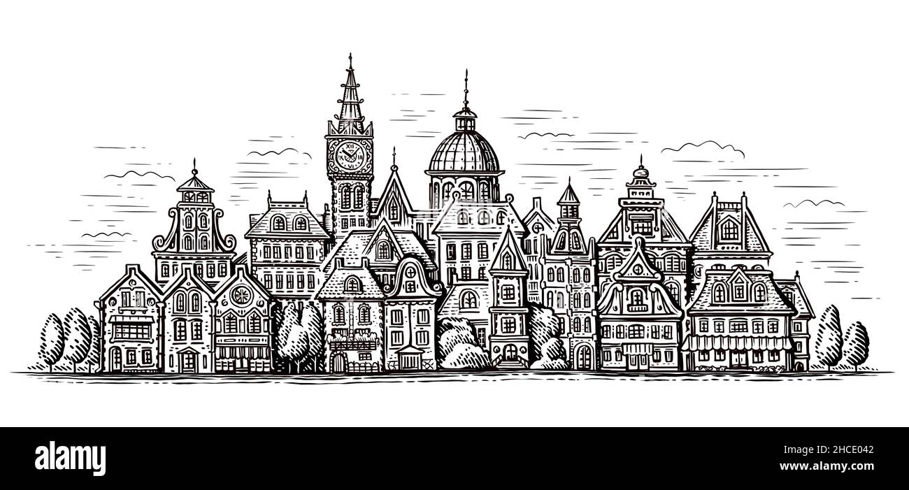 Cityscape with old houses. Hand drawn town sketch illustration Stock ...