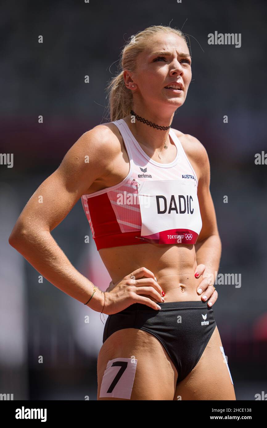 Ivona Dadic participating in the 100-meter hurdles of the heptathlon at ...