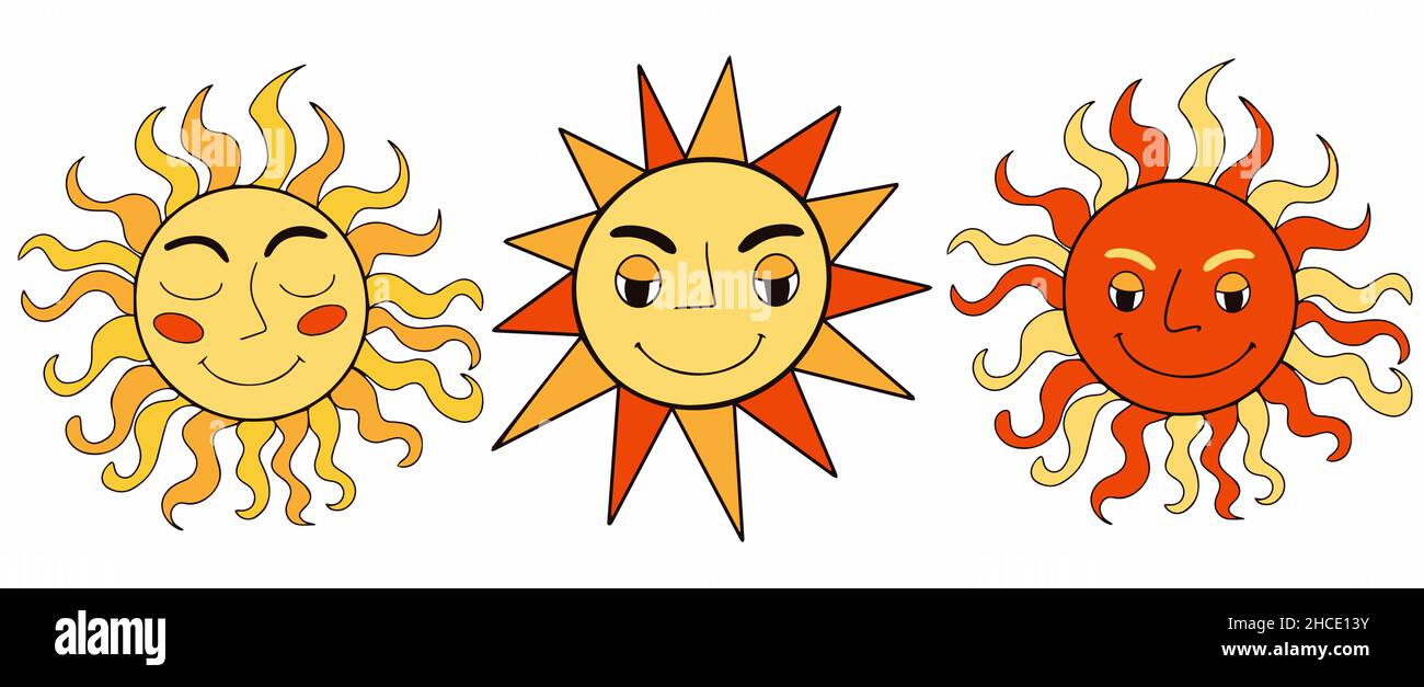 Retro sun smiley face. Hippie groovy smile character vector set ...