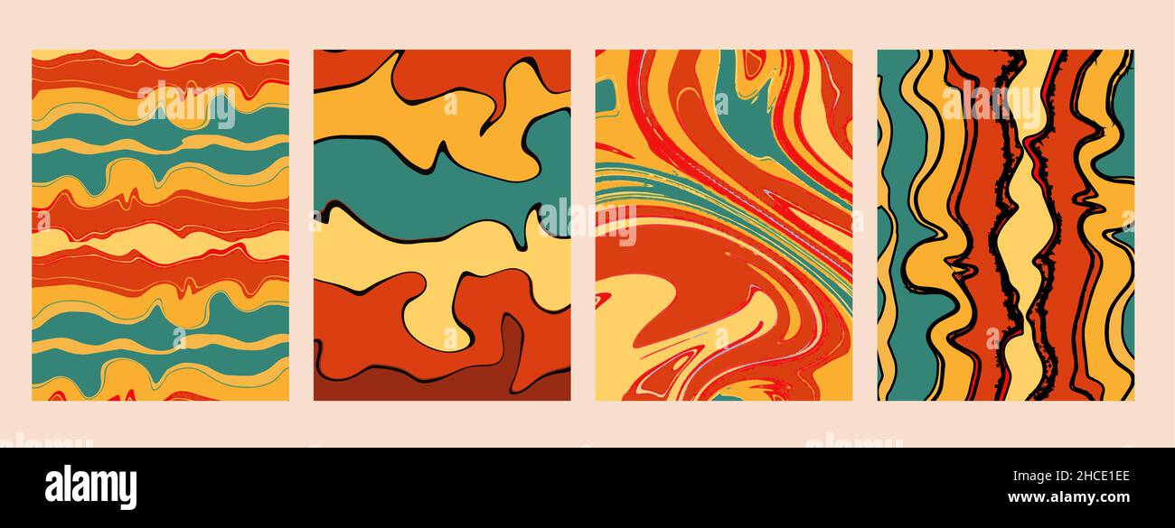 Psychedelic waves pattern retro 70s set of posters, backgrounds for your design. Hippie groovy ...