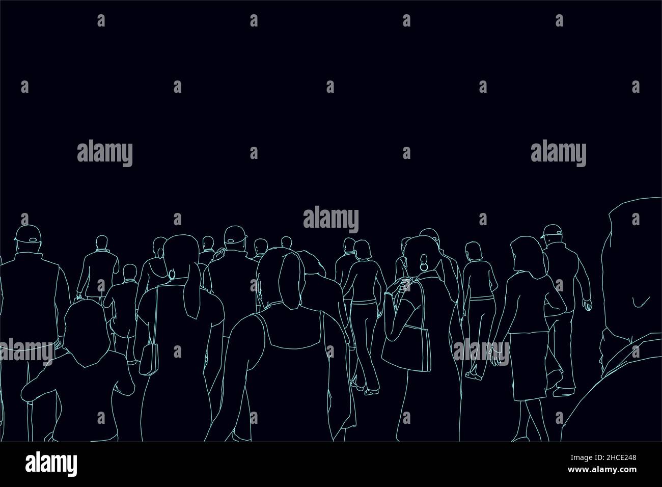 Contour of a crowd of people from blue lines on a dark background ...