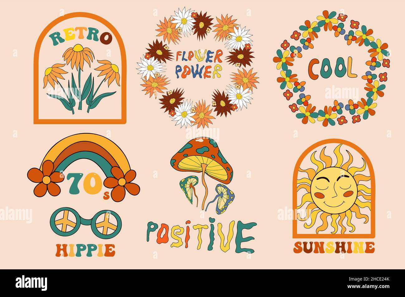 Retro 70s lettering and frames set for your design. Hippie groovy psychedelic design elements ...