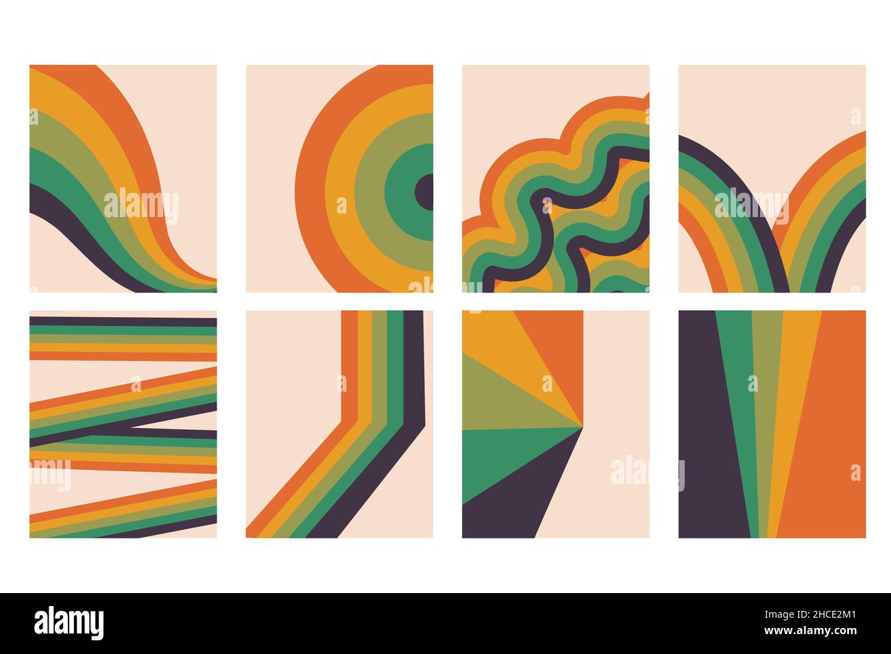Retro vibe rainbow waves 70s set of poster, template for your design ...