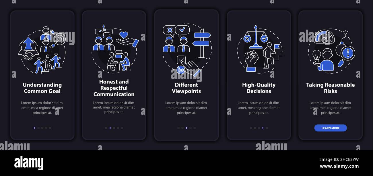 Teamwork Tips Night Mode Onboarding Mobile App Screen Stock Vector