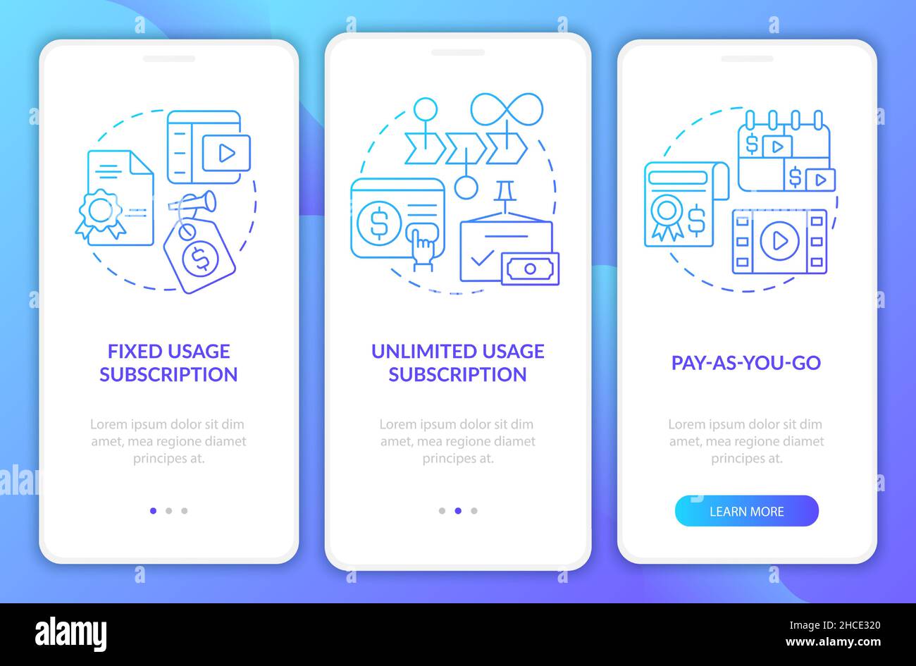 Types Of Subscription Blue Gradient Onboarding Mobile App Screen Stock