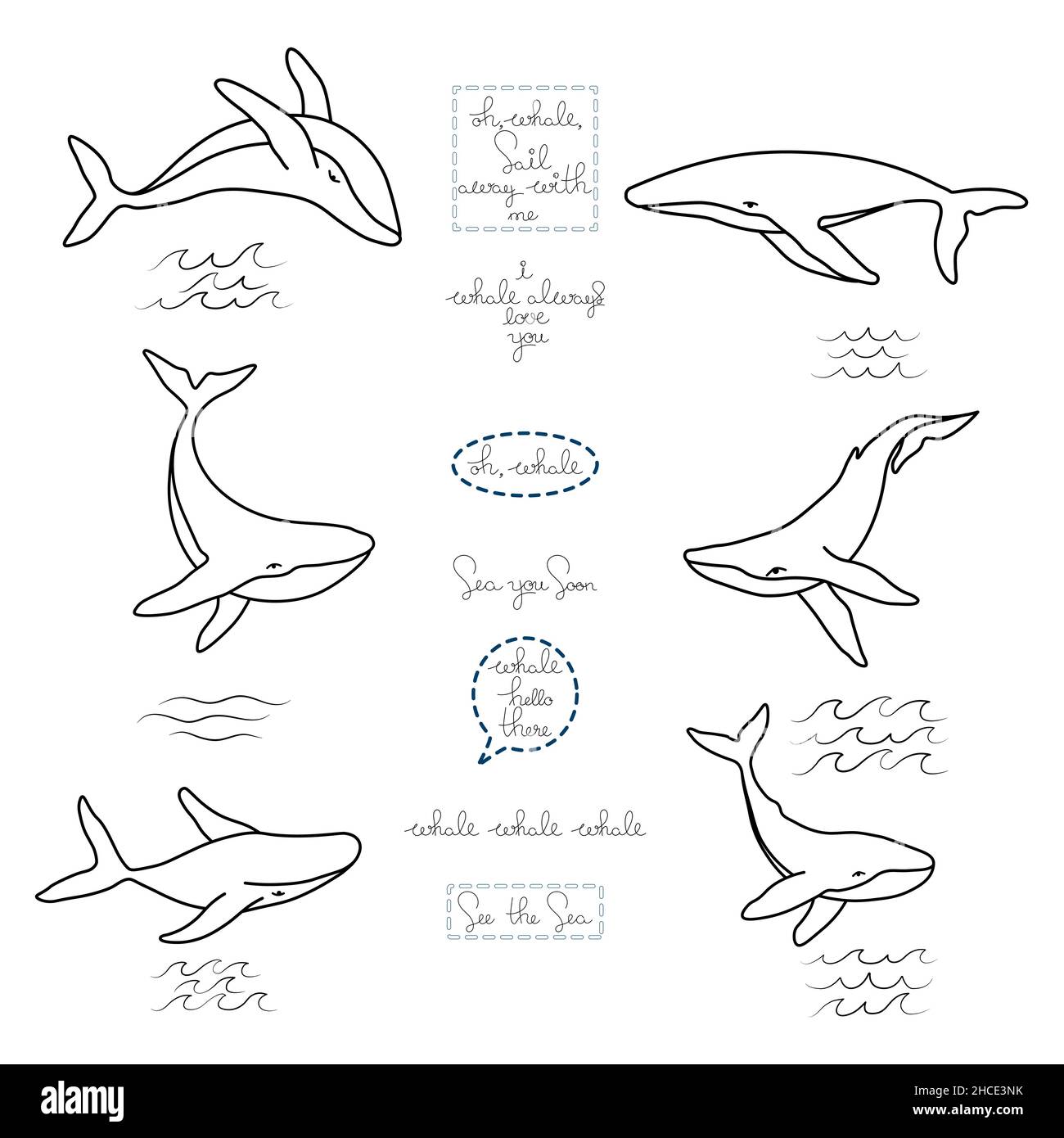 Set of six humpback whales handdrawn lettering phrases and minimalist ...