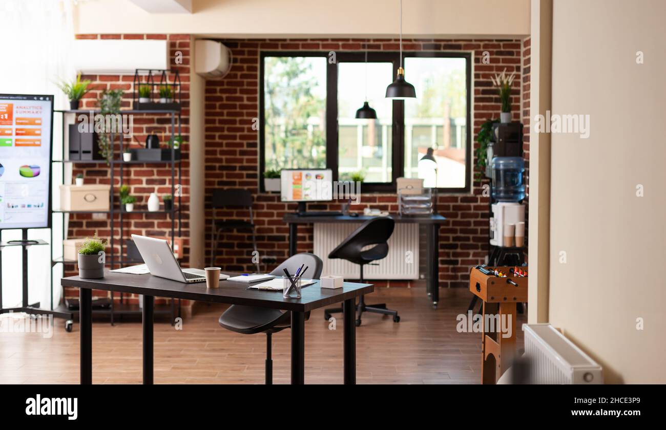 Nobody in business office with desks and modern equipment, used to plan ...