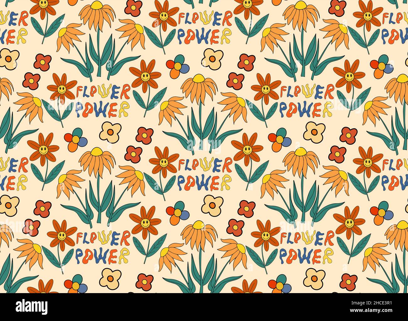 Retro flowers 70s seamless pattern. Hippie flower power repeating ...