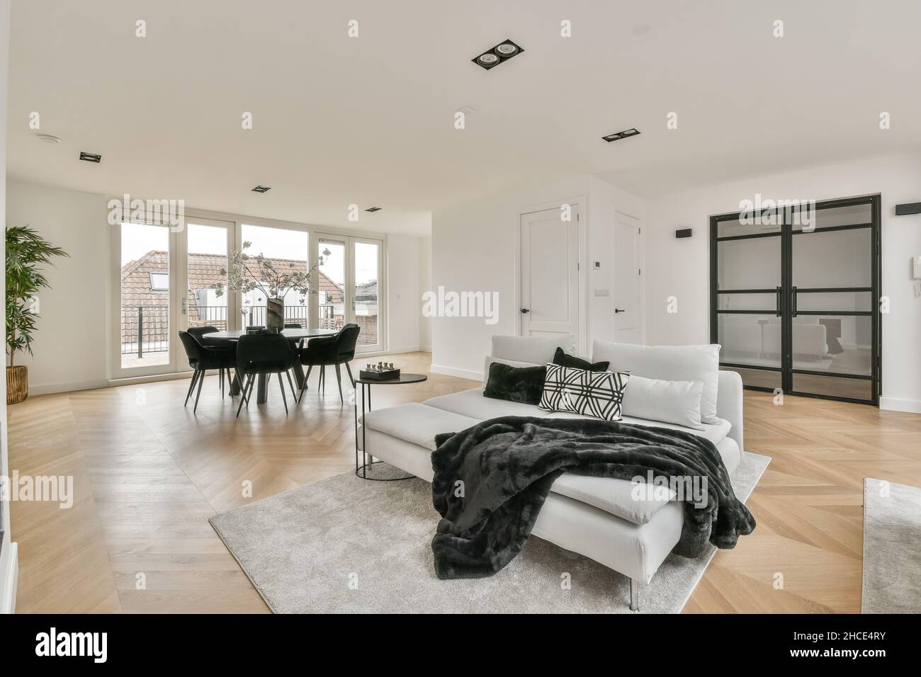 Interior of spacious living room furnished with comfortable white ...