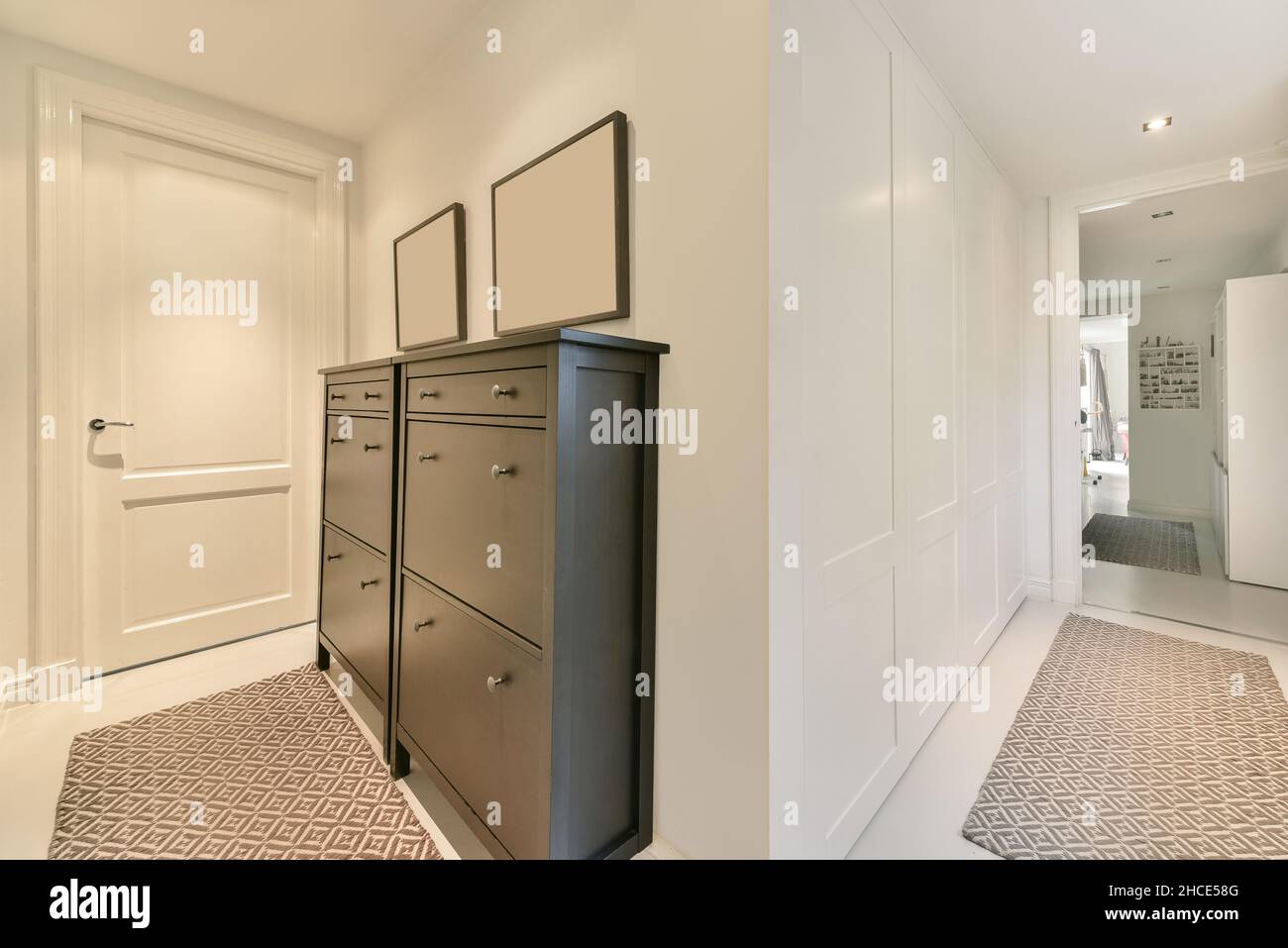 Wide angle of corner of hallway with white walls and carpets in modern ...