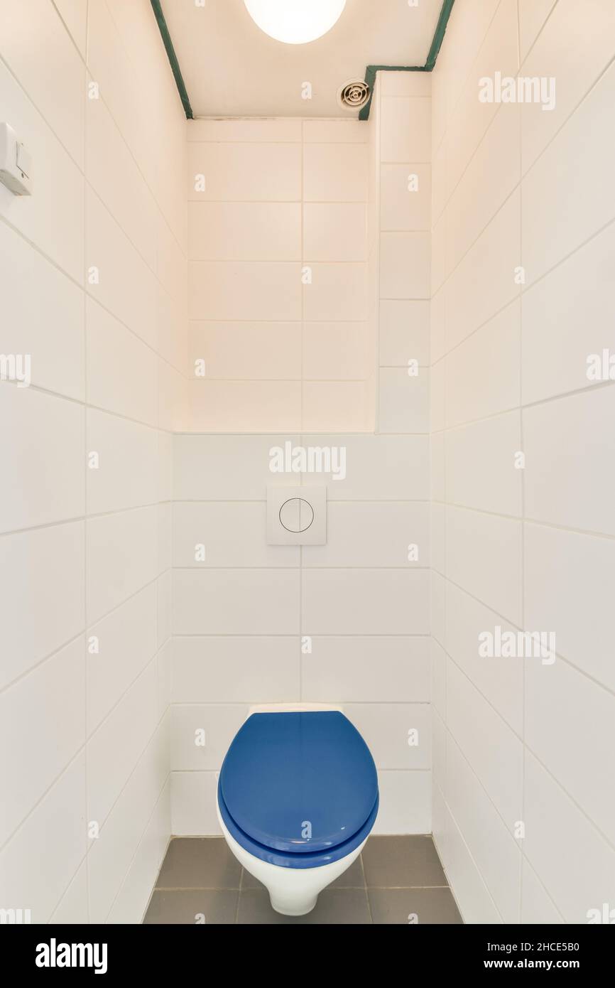 From above of toilet pan placed under shining lamp in narrow modern ...