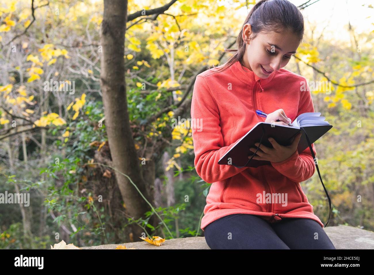Crop smiling female taking notes in notepad while sitting on stone ...
