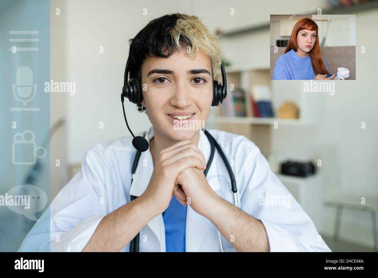 Professional female medical operator with headset in uniform looking at ...