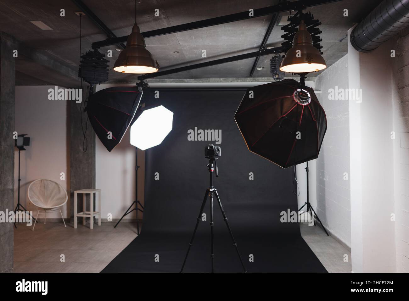 Interior of modern photo studio with octaboxes and professional photo ...