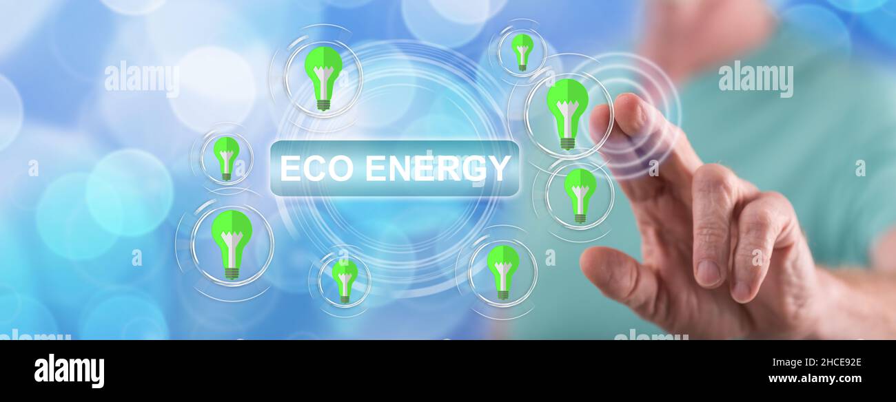Man touching an eco energy concept on a touch screen with his finger ...