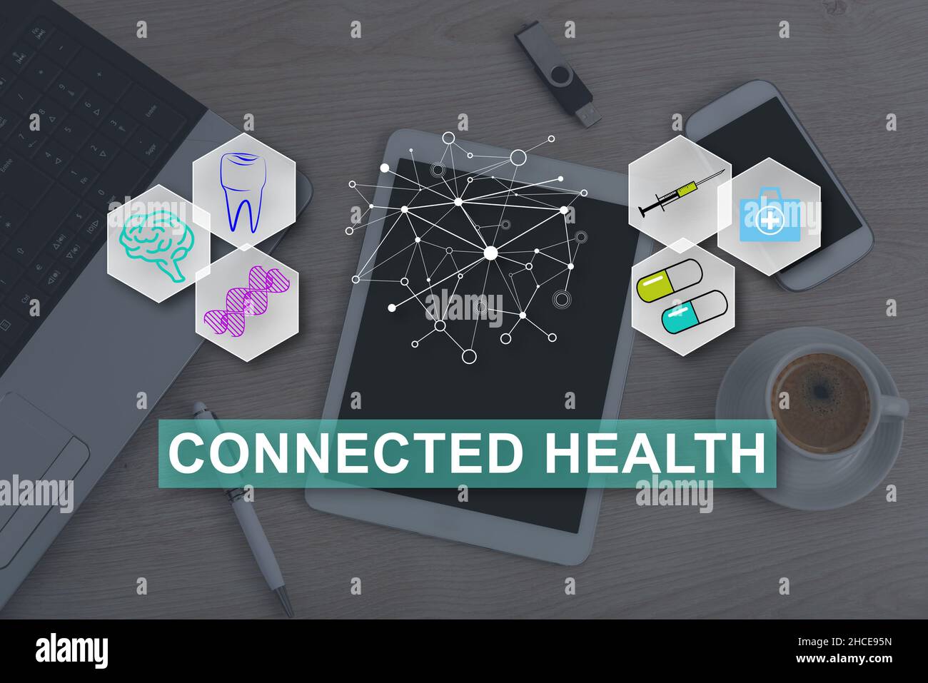 Connected health concept illustrated by a picture on background Stock ...