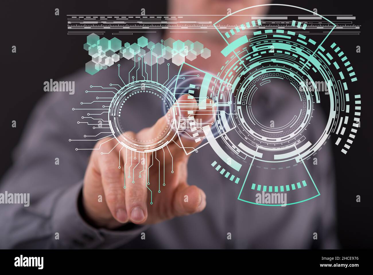 Man touching a technology concept on a touch screen with his finger ...