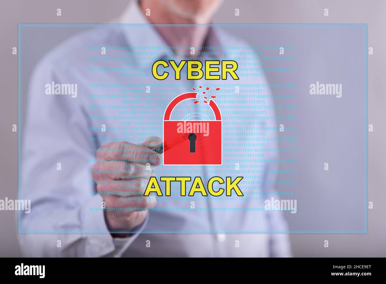 Man touching a cyber attack concept on a touch screen with a pen Stock ...