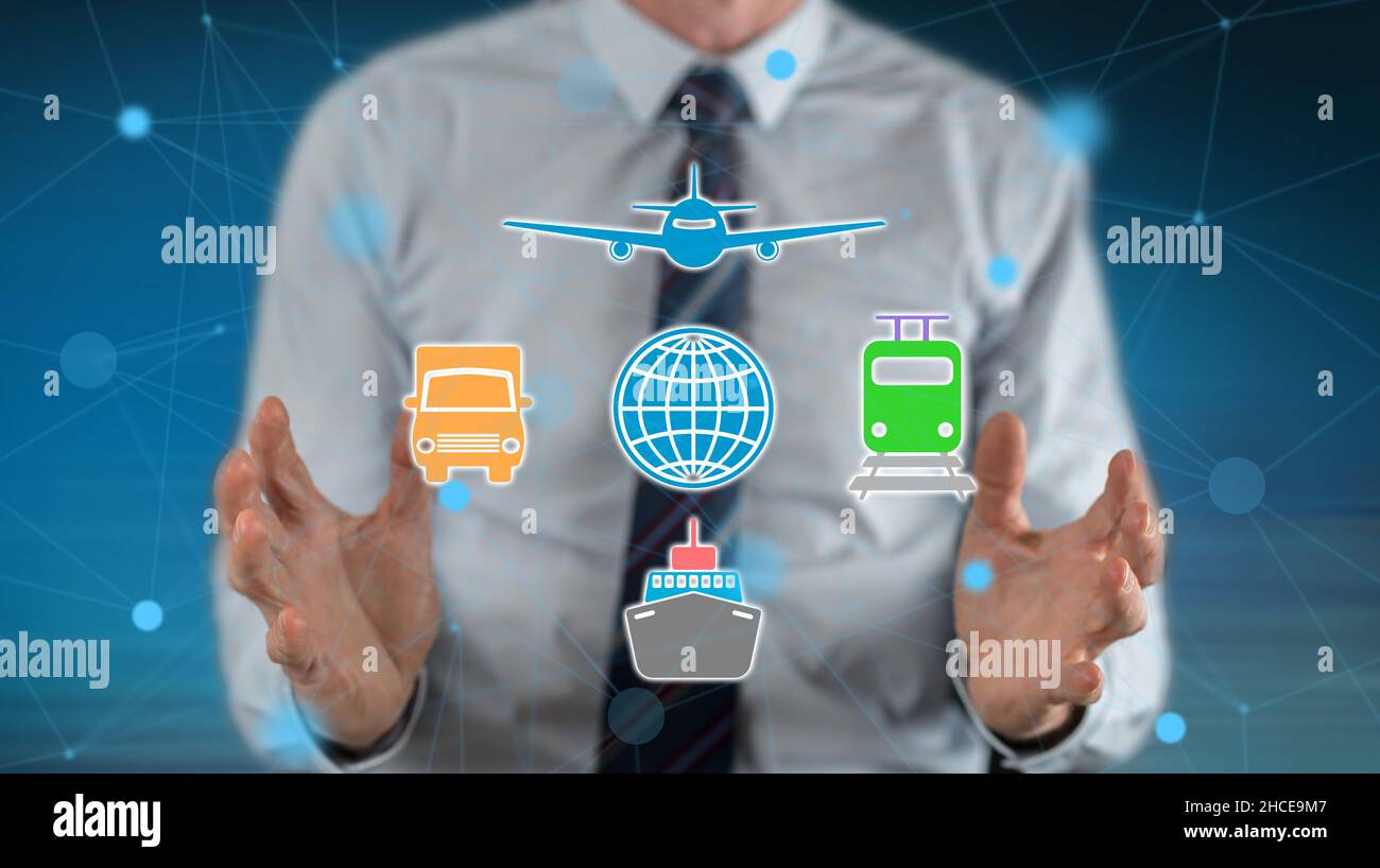 Global transpotation concept between hands of a man in background Stock ...