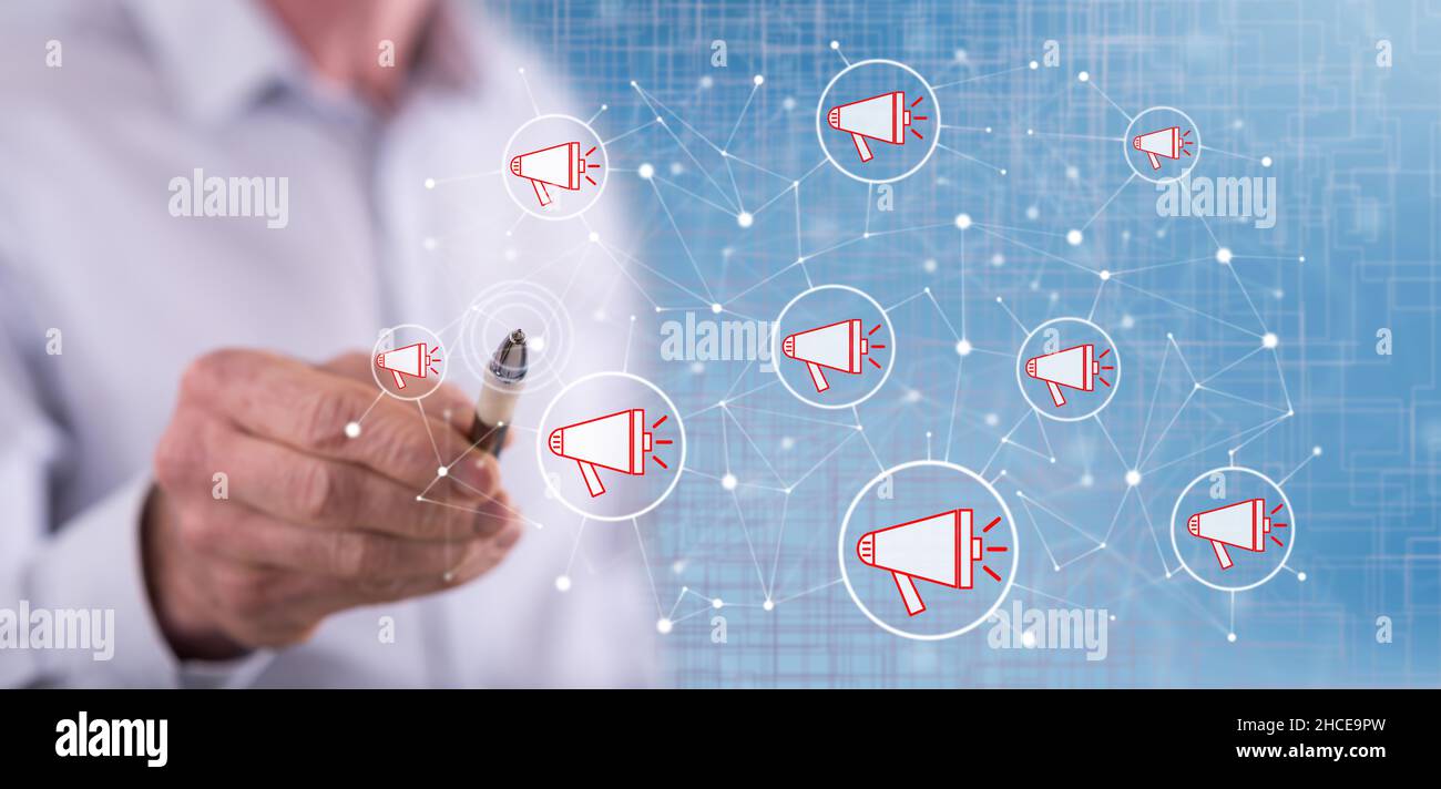 Man touching a digital marketing concept on a touch screen with a pen ...