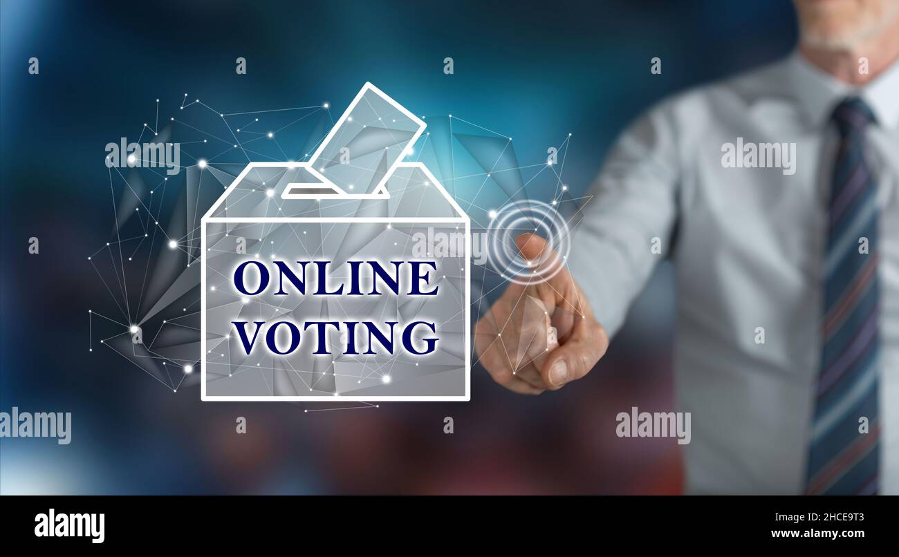 Man touching an online voting concept on a touch screen with his finger ...