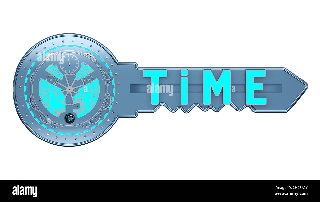 key with clockwork and the word time concept isolated on white. 3d ...