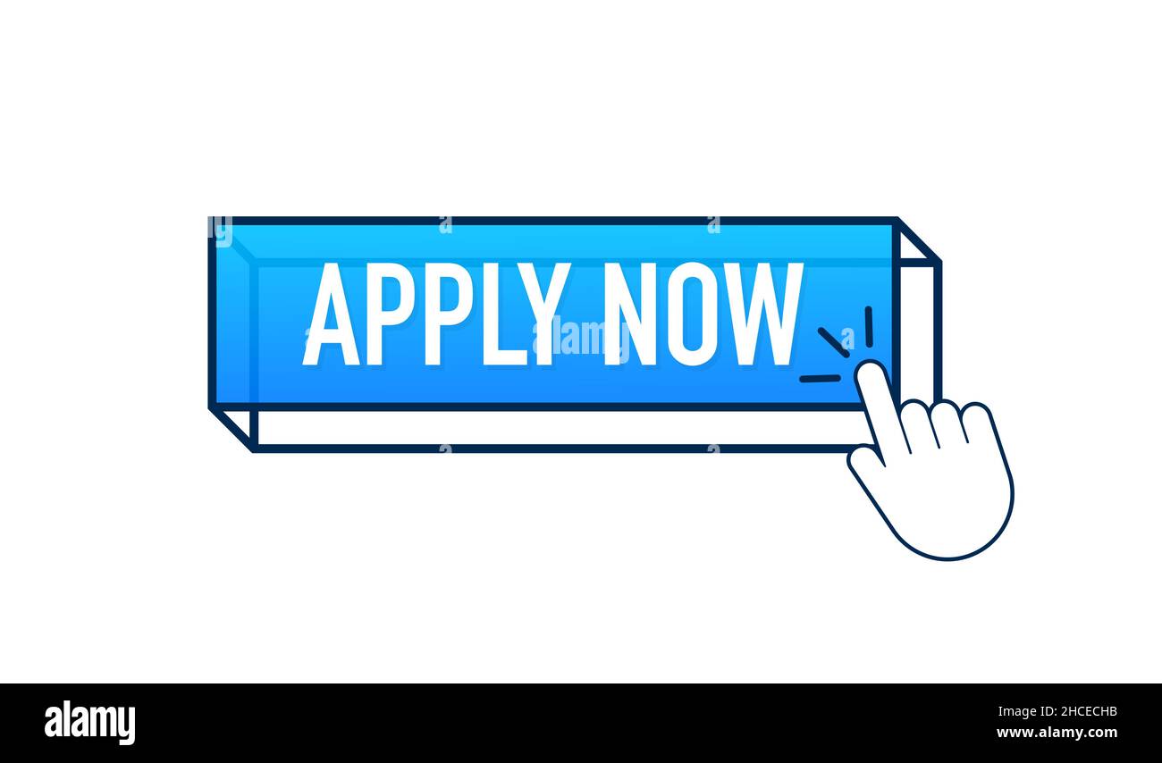 3d icon with blue apply now button on yellow background. 3d illustration. Pointer click. Red ...