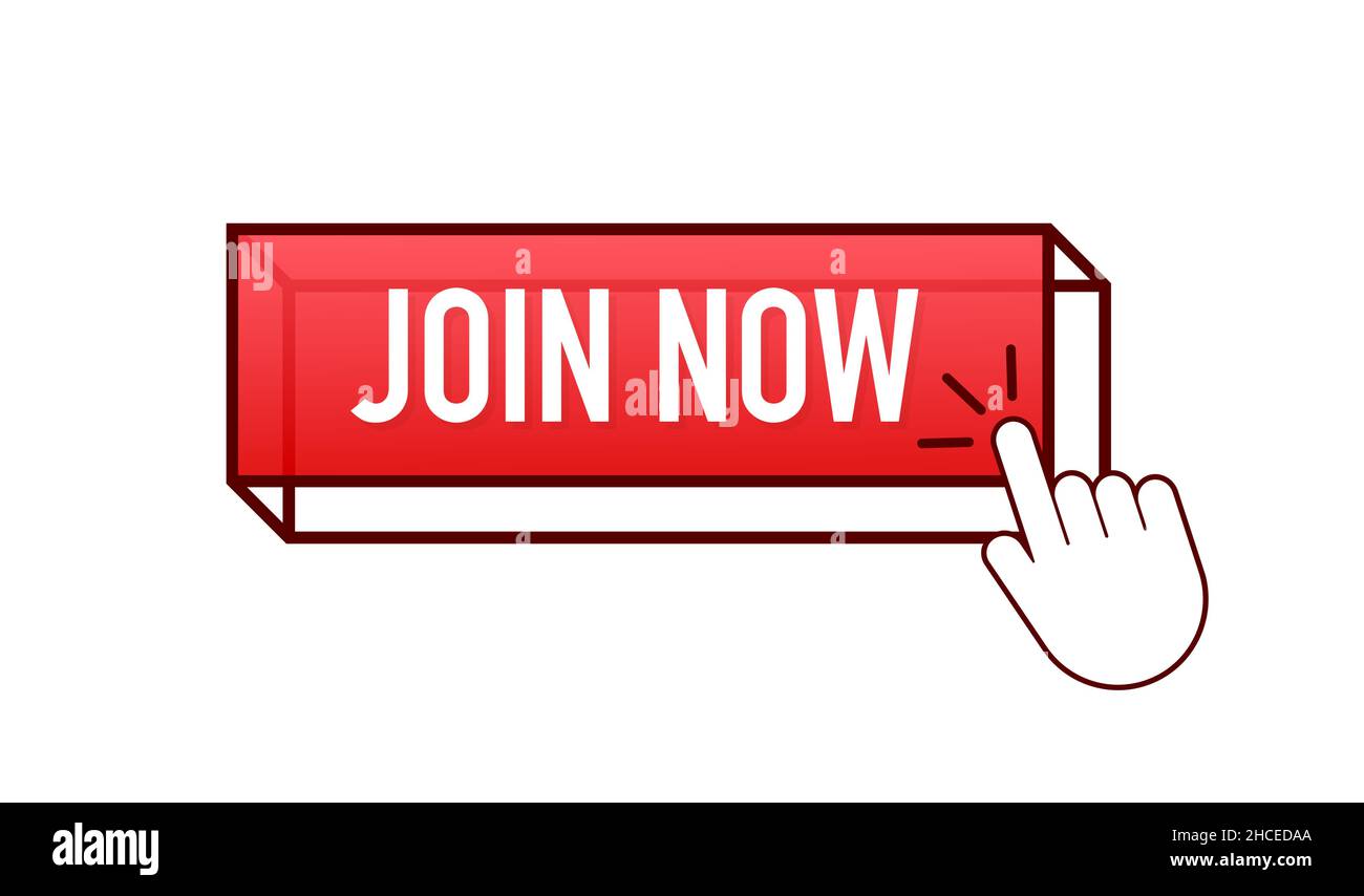 Modern icon with red join now button on white background for banner design. Vector design. Arrow ...