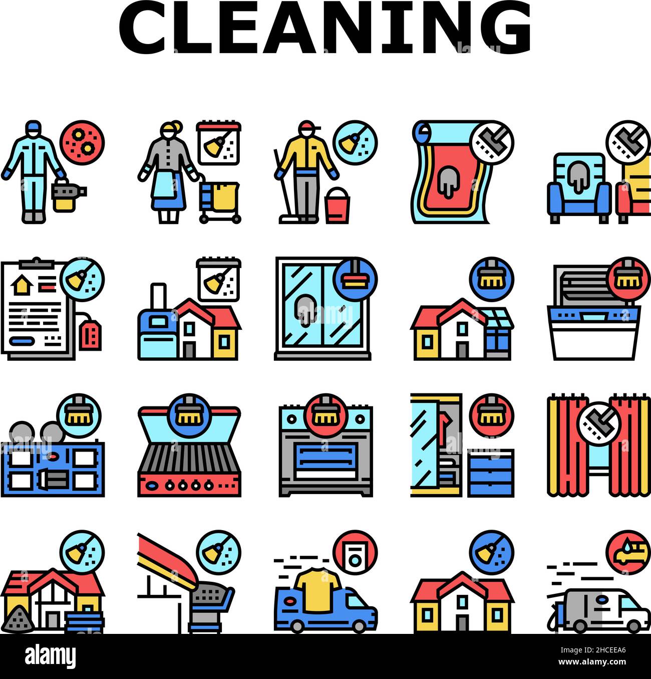 Cleaning Building And Equipment Icons Set Vector Stock Vector Image ...