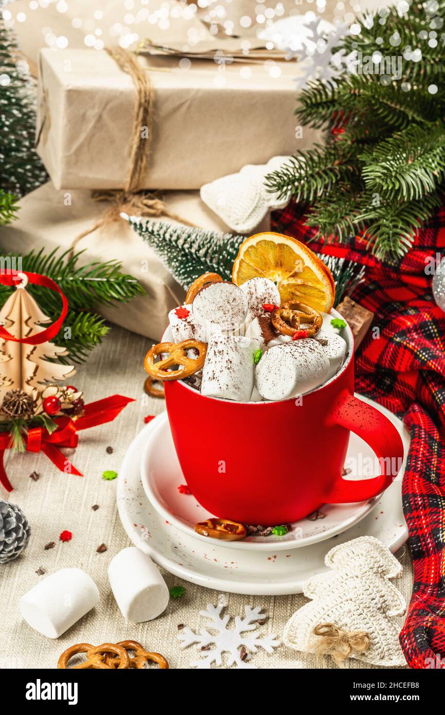 Hot cocoa or chocolate with marshmallows. Christmas traditional decor ...