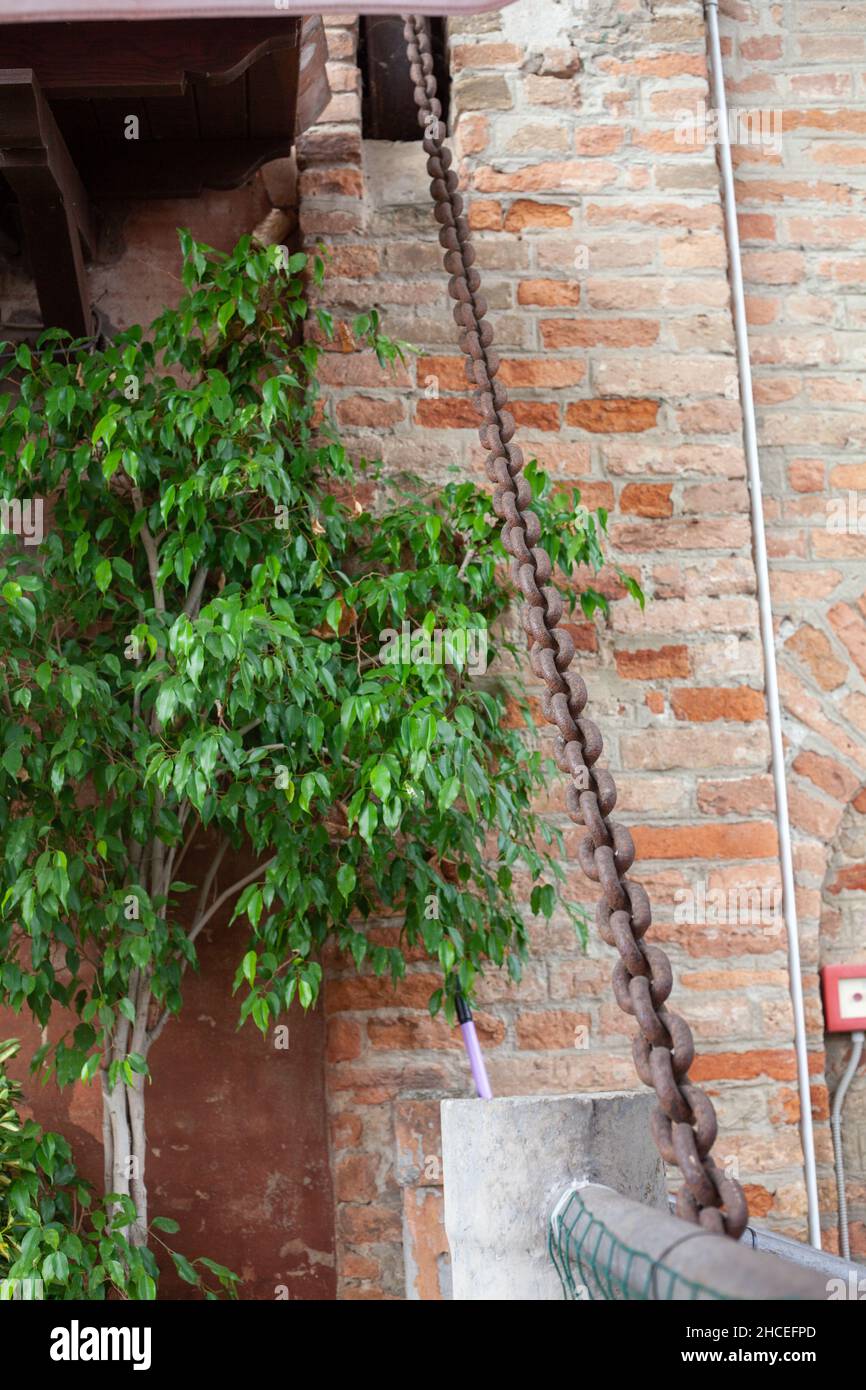 Vertical shot of the one part of Pizzighettone tower decorated with green plants Stock Photo - Alamy
