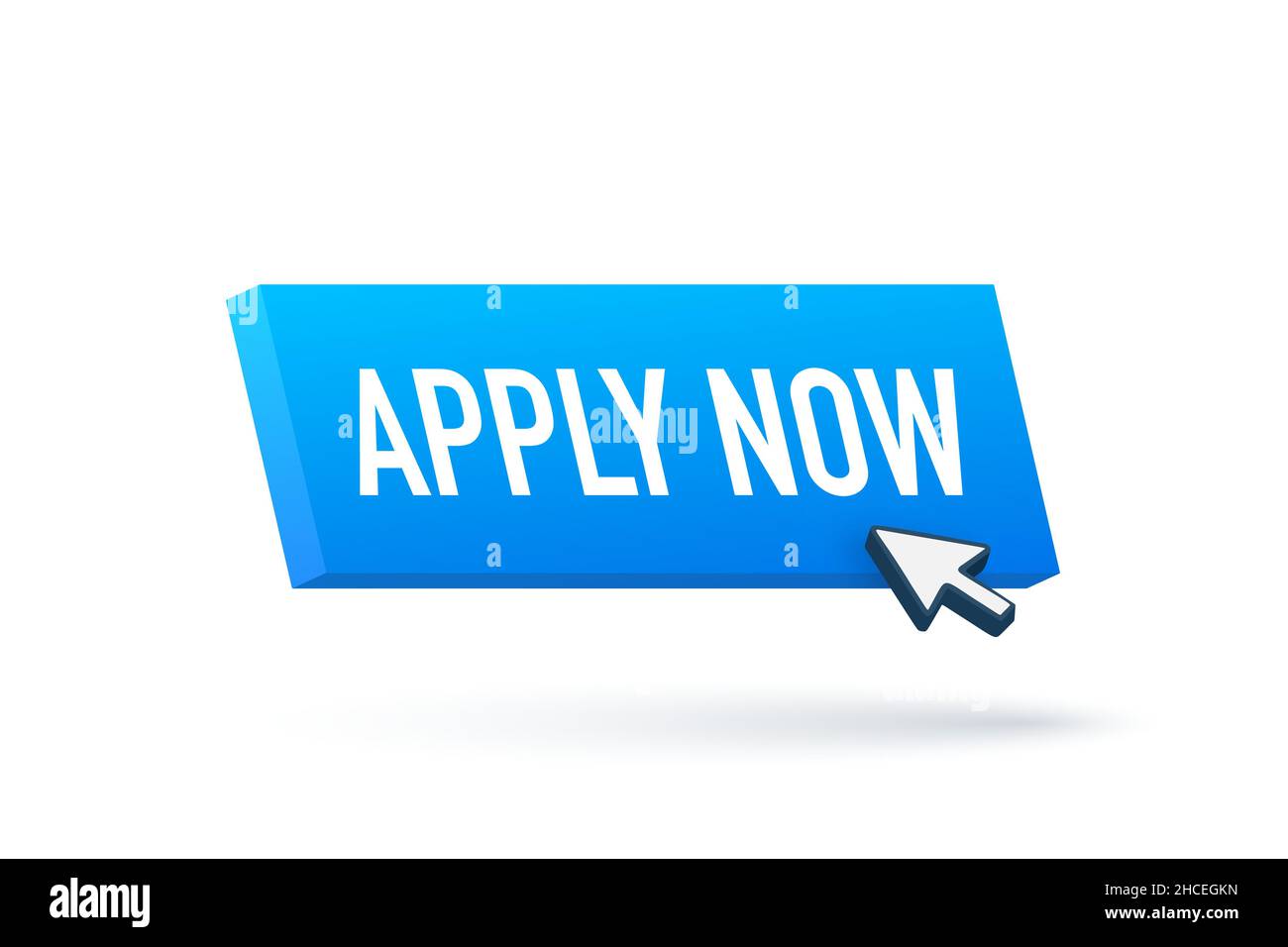 3d icon with blue apply now button on yellow background. 3d illustration. Pointer click. Red ...