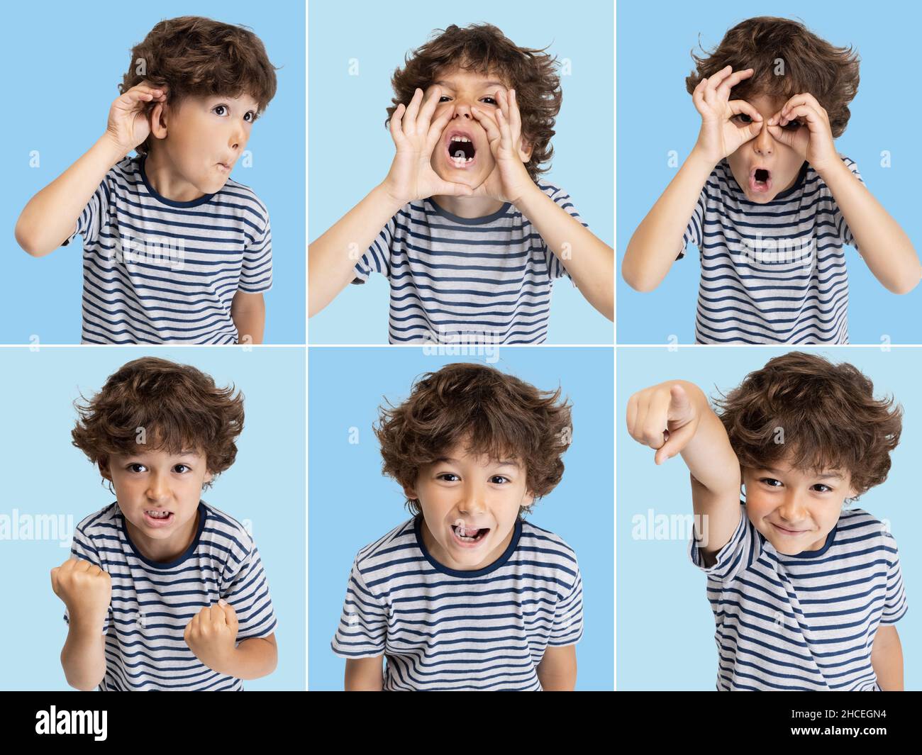 Collage of portraits of little boy, expressive and emotive child making ...