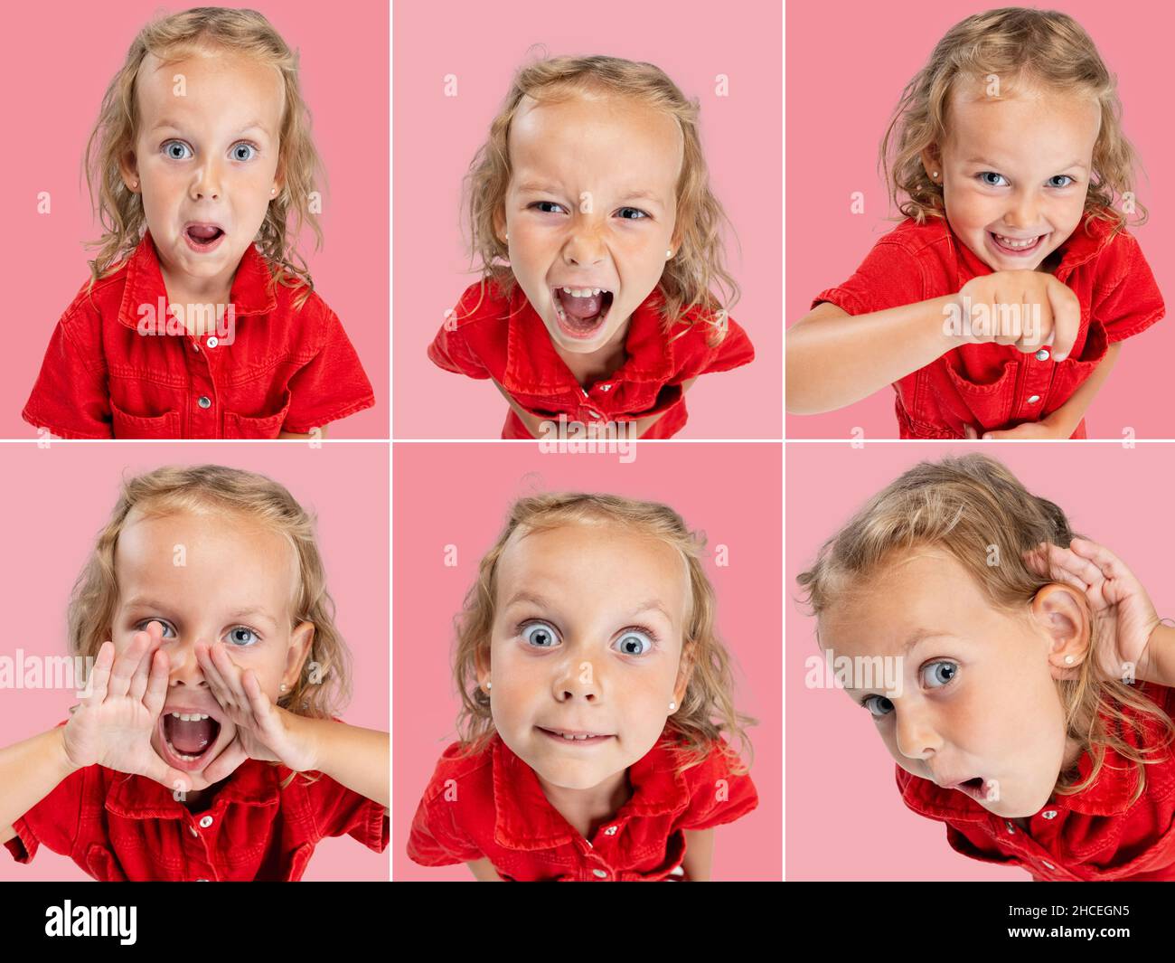 Collage of portraits of curious litle girl, child making funnt emotive ...