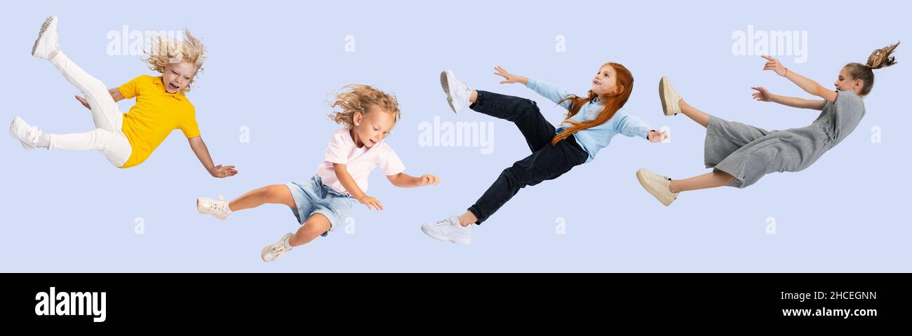 Collage of portraits of little children falling down isolated over blue ...